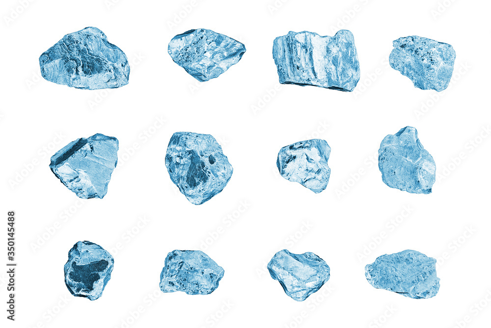Blue gem stones white background isolated closeup, crushed ice cubes ...