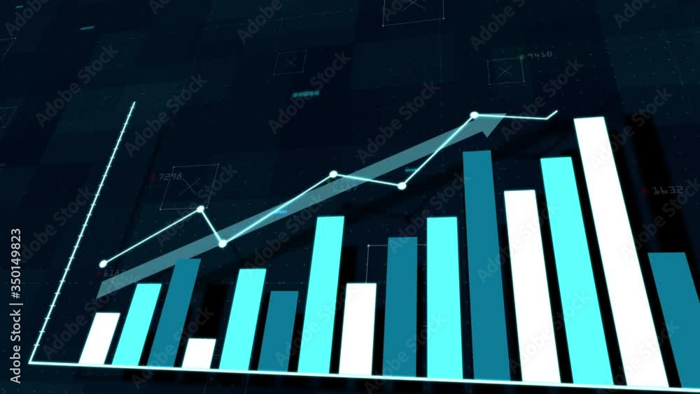 3D animation of blue rising bar graph with uparrow following above bar ...