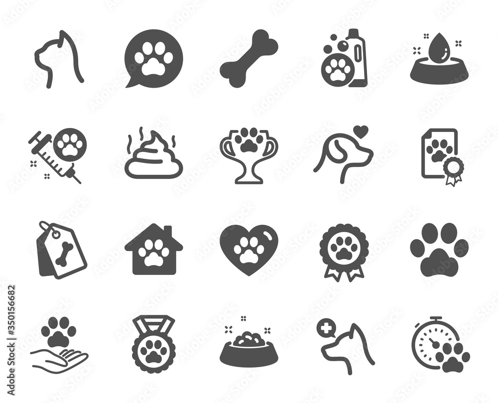 Pets icons. Veterinary, dog care and cat food. Lovely animals, shampoo ...