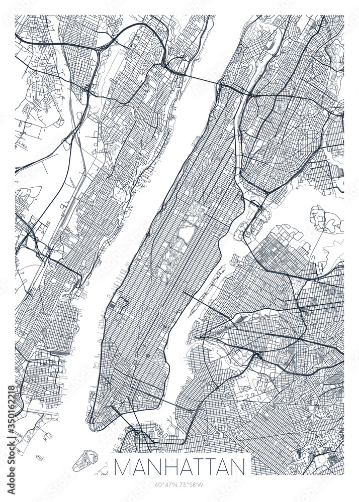 Detailed borough map of Manhattan New York city, vector poster or ...