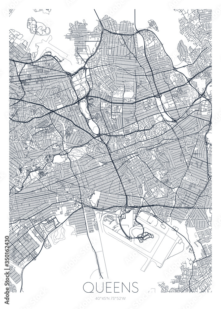 Detailed borough map of Queens New York city, vector poster or postcard ...