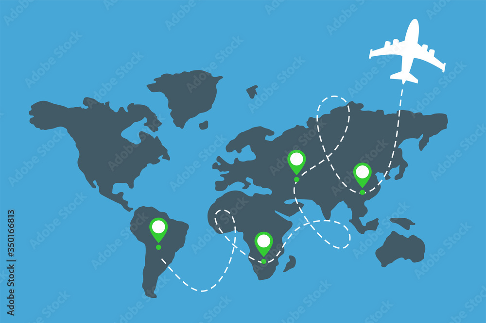 Flights over planet. Airplane flying over world map. Destinations of ...