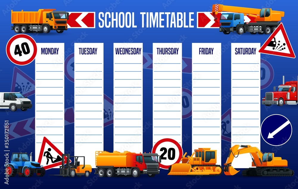 School timetable education vector schedule template with heavy vehicles ...