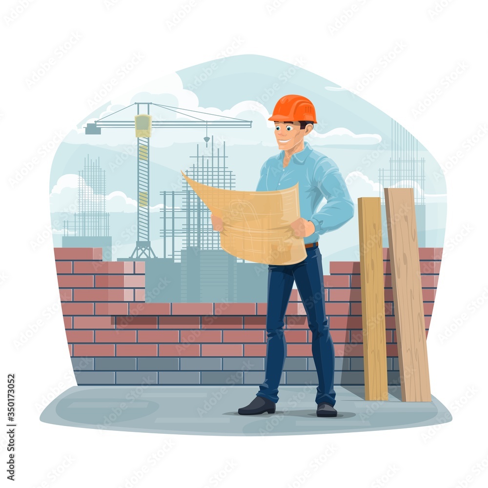 Architect, engineer or builder foreman at construction site. Cartoon ...