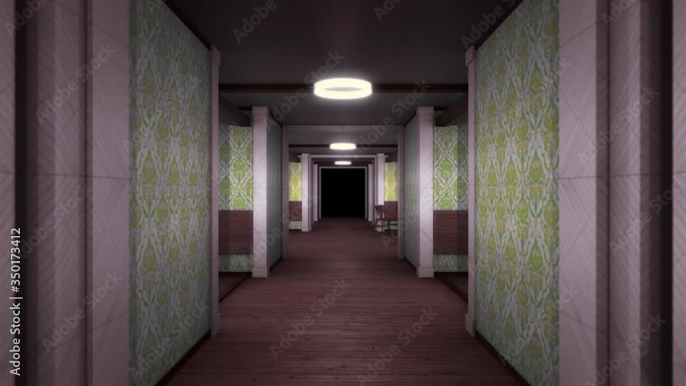 Old corridor with dark end. Animation. Moving forward along corridor ...