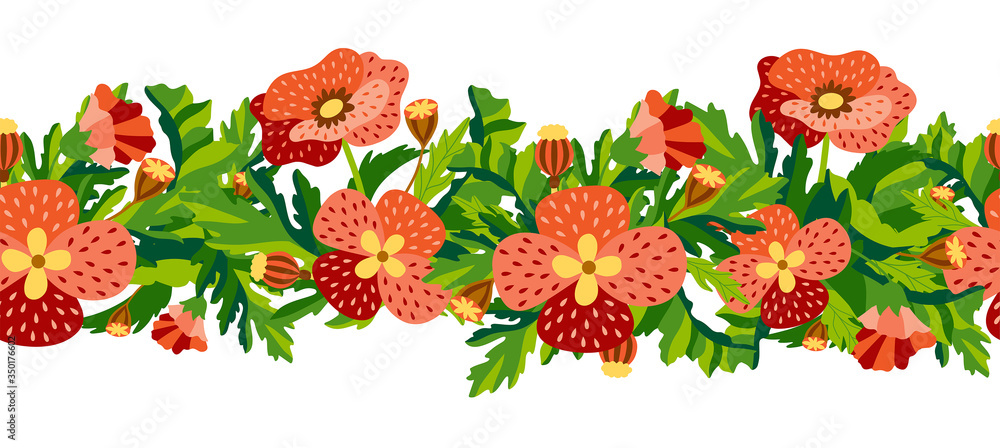 Gorizontal wild flower seamless border in flat style. Meadow herbs ...