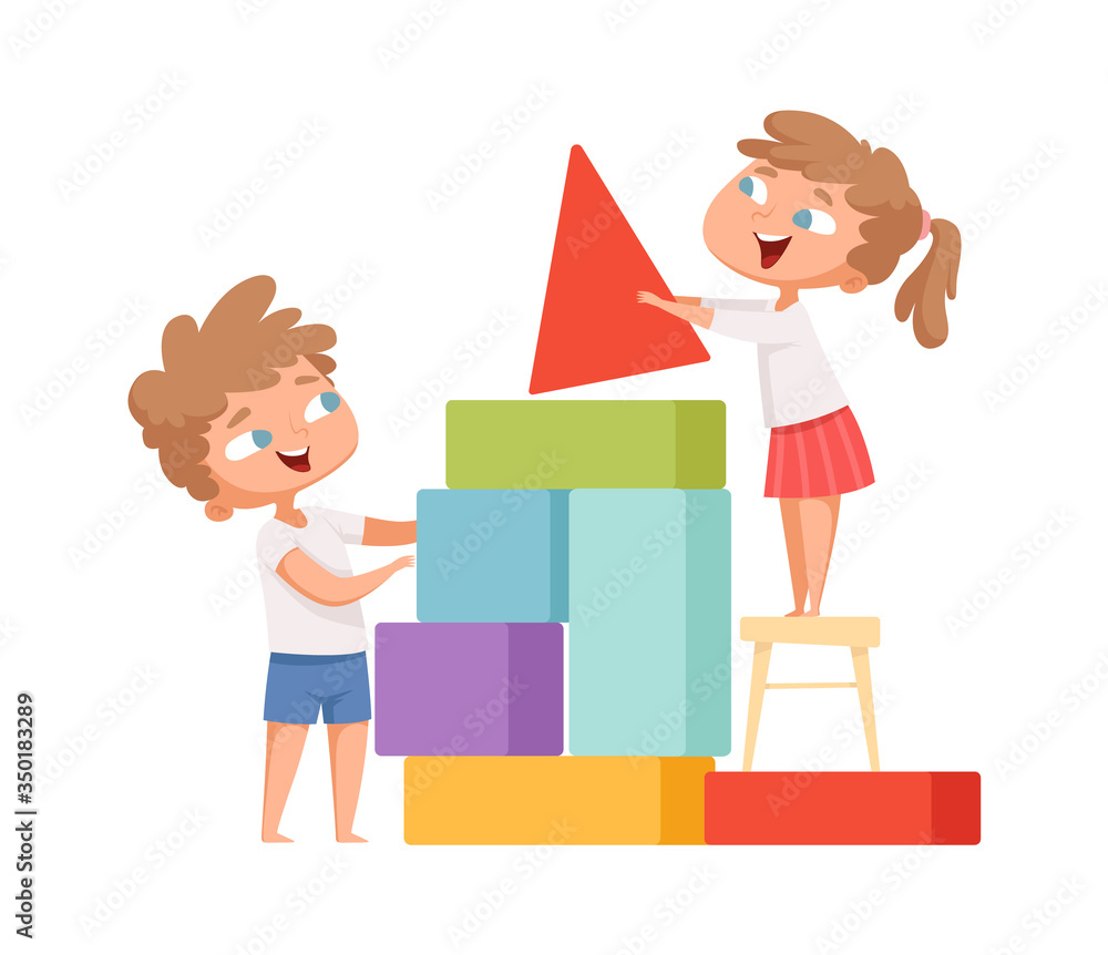 Kids playing. Happy children build colorful cubes home. Isolated ...