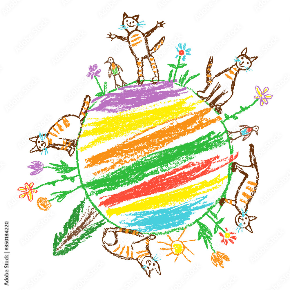 Cats around planet. Like child`s hand drawn cartoon doodle colorful ...