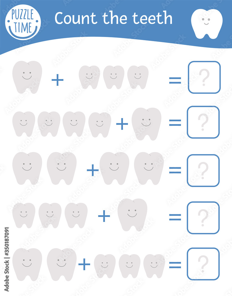 Math game with teeth. Dental care mathematic activity for preschool ...