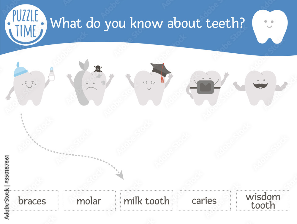 Dental care matching activity with cute teeth and their names ...