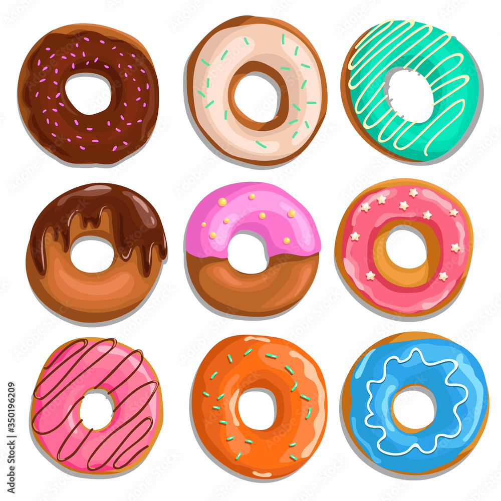 Set of cartoon donuts. Top view. Comic style. Different types, glazed ...