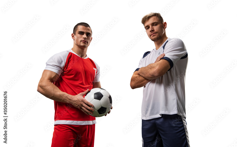 Two football players of different teams isolated on white. They wear ...