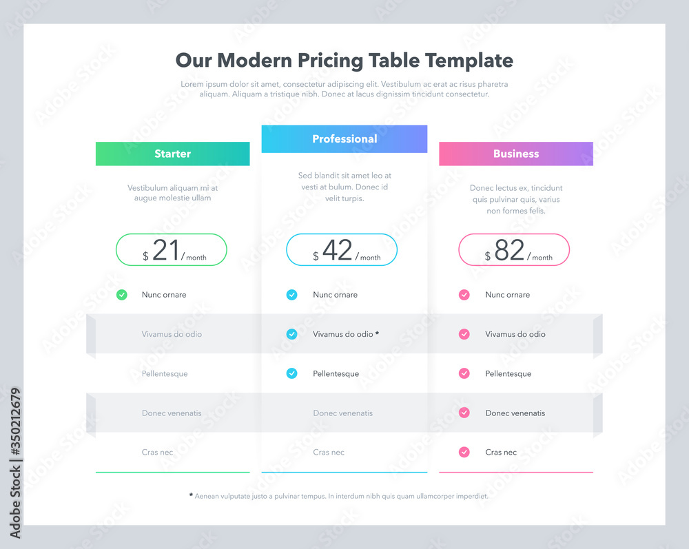 Modern pricing comparison table with three subscription plans and place ...