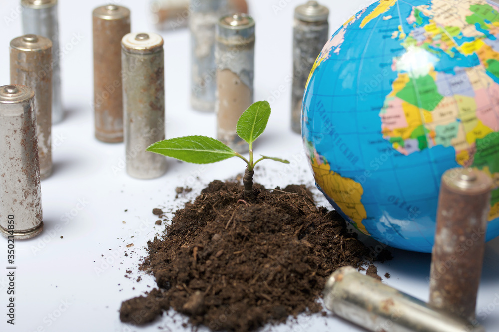 A handful of earth. From it grows a sprout with green leaves. Near the ...