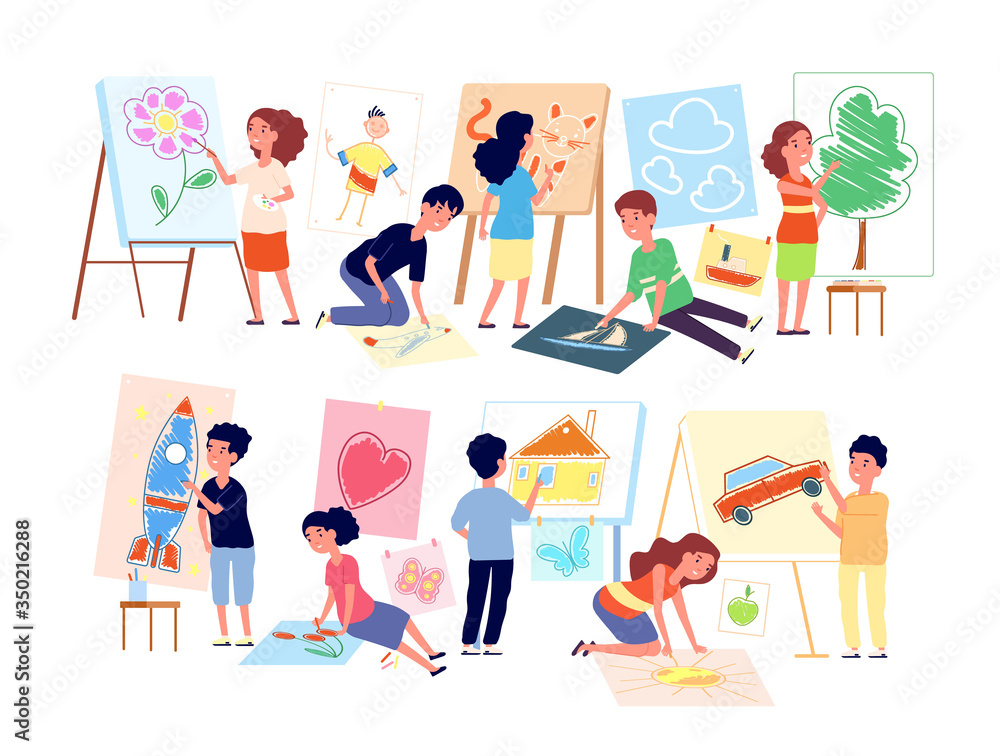 Kids drawing pictures. Children playing craft, boy creating art. Flat ...