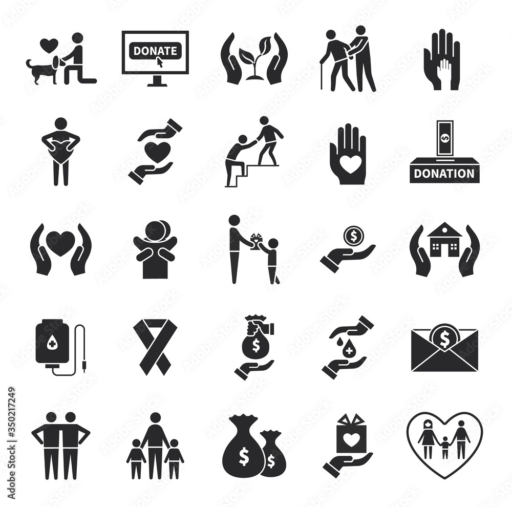 Charity icons. Volunteer helping, world social communities symbols ...