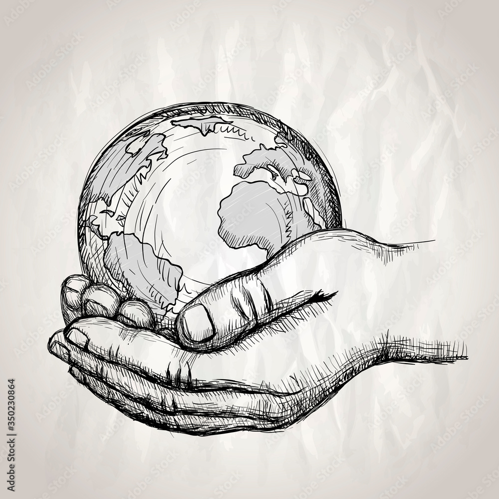 Hand drawn illustration with human hands holding Earth Stock Vector ...