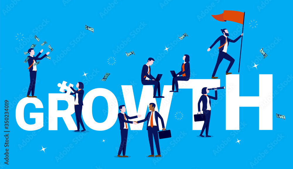 Growth - Business team working with various tasks, and the word growth ...