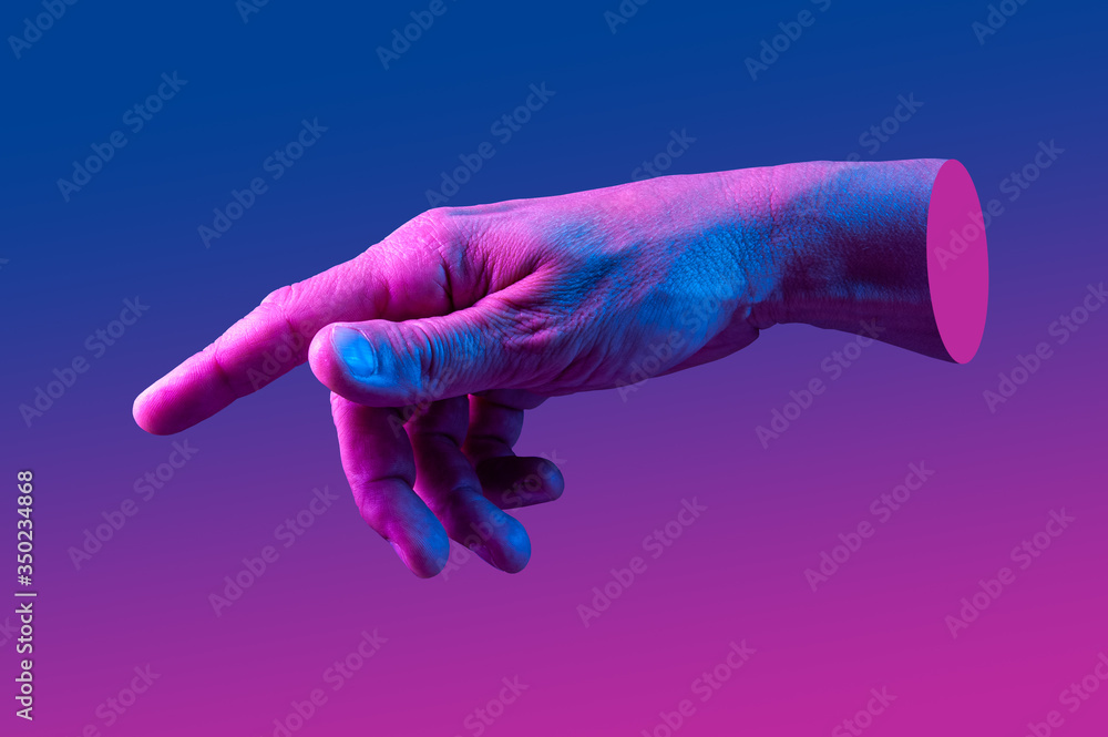Hand in a pop art collage style in neon bold colors. Modern psychedelic ...
