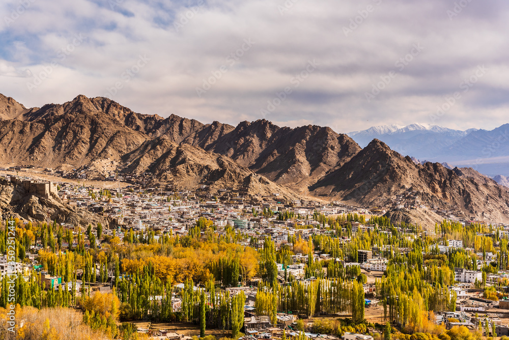 The city of Leh, Leh city is located in the Indian Himalayas viewed ...
