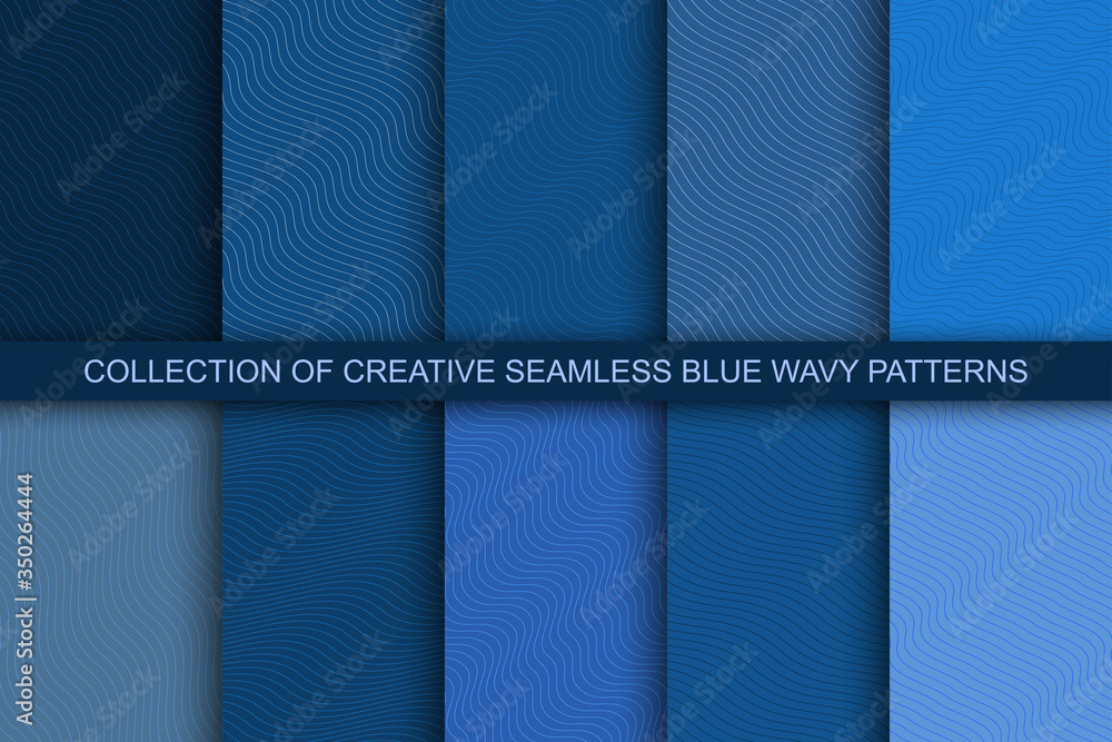 Collection of blue trendy seamless curve outline patterns. Striped ...