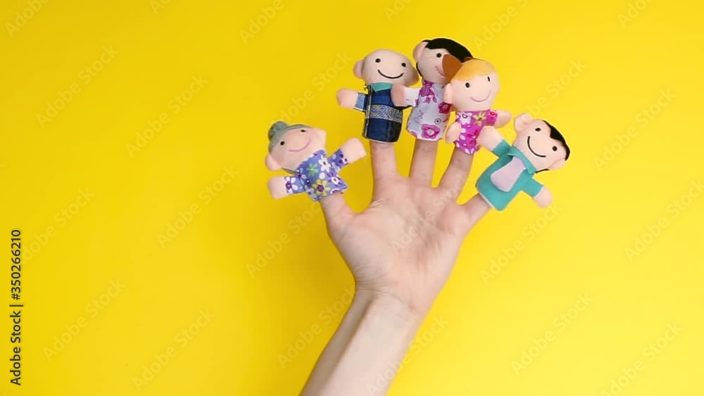 family finger puppet theater. hand with finger puppets: son, daughter ...