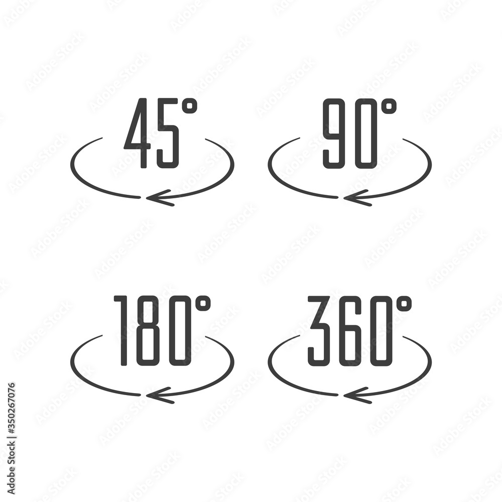 Set of angles 45, 90, 180 and 360 degrees icons. Arrows rotation circle ...