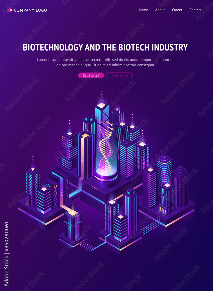 Biotechnology and biotech industry isometric landing page. Smart city ...