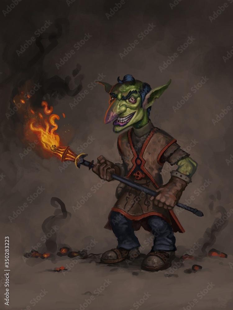 Digital painting of goblin character holding a flaming torch and ...