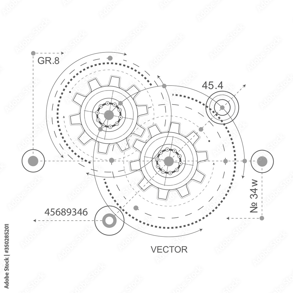Gears on a white background .Technical drawing of gears .Rotating ...