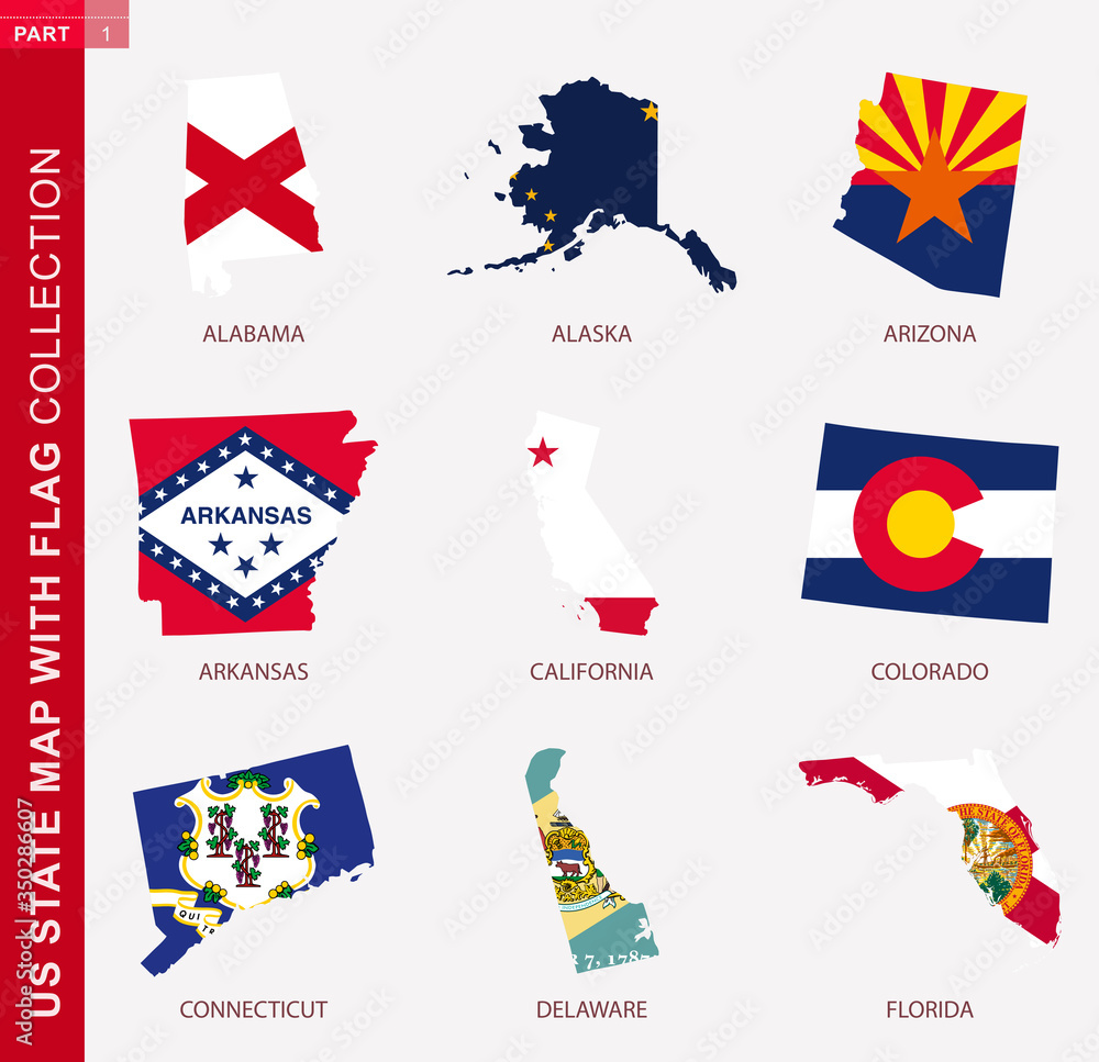 US State Maps with flag collection, nine USA map contour with flag ...