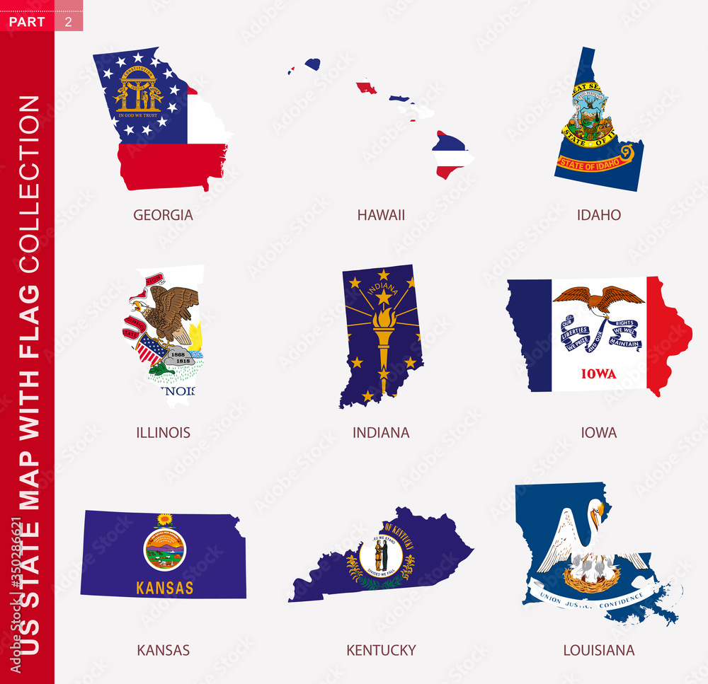 US State Maps with flag collection, nine USA map contour with flag ...