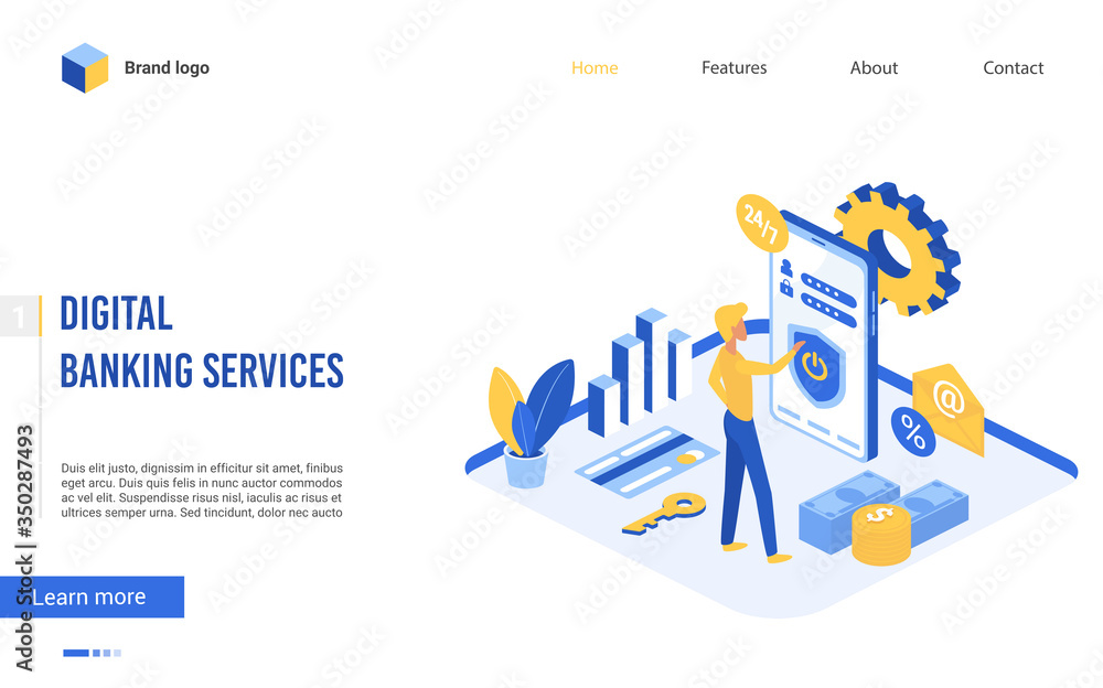 Digital bank vector illustration. Cartoon isometric man character using ...