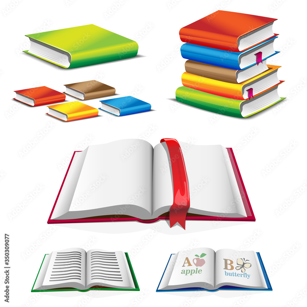 set of cartoon colorful books open and closed, in piles and single with ...