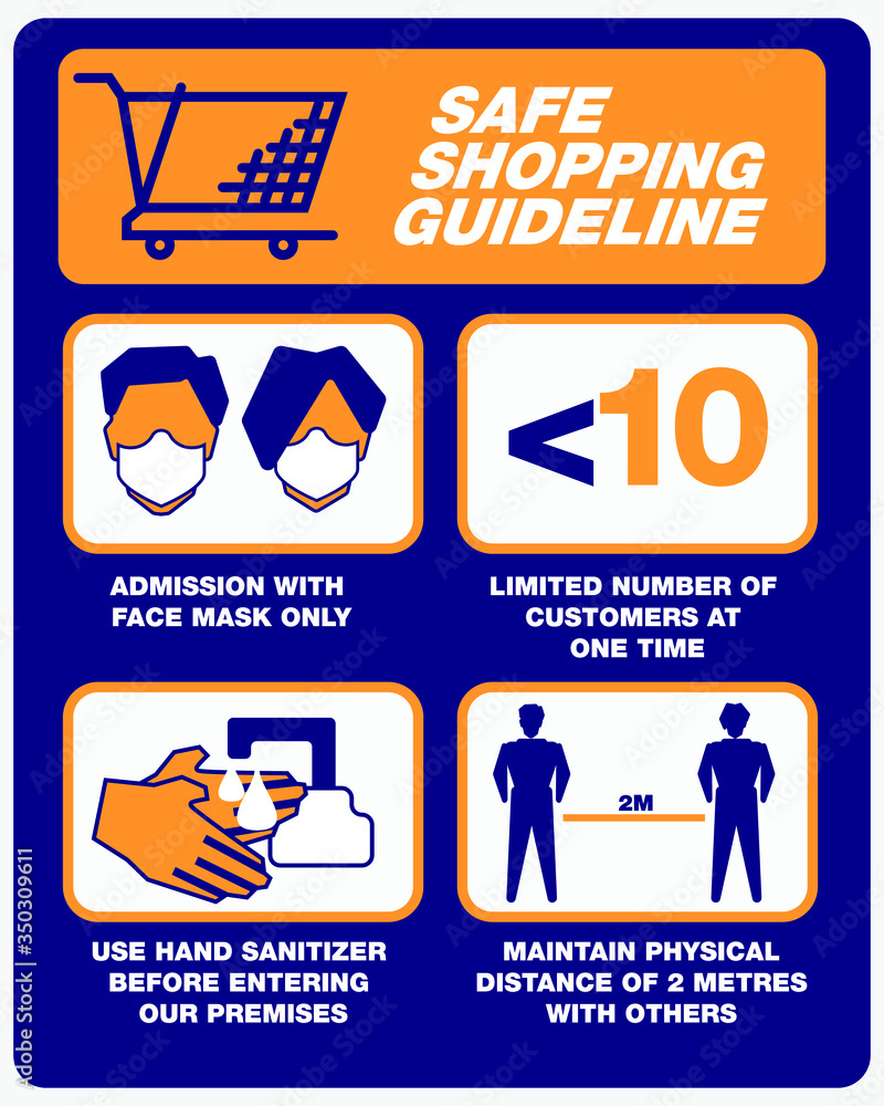 Vector illustration poster of safe shopping guidelines. Wear masks,keep ...
