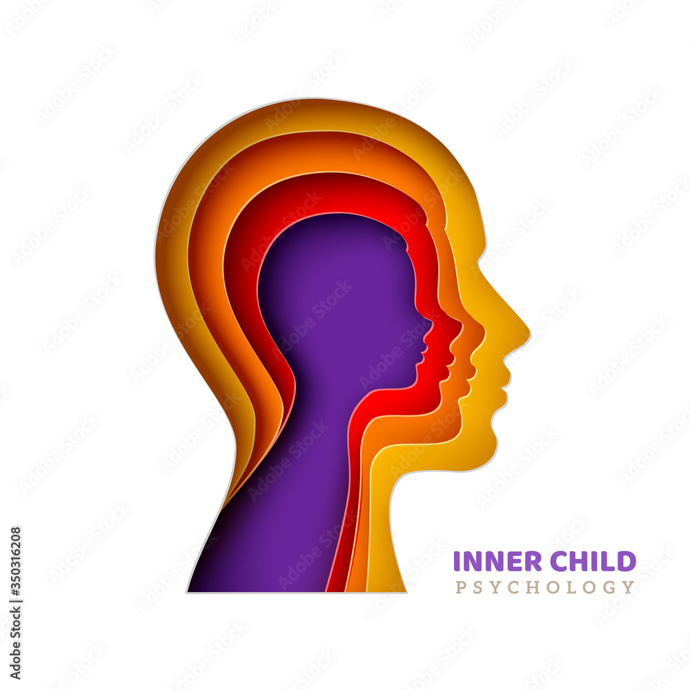 Inner child psychology concept. Man's head with age layers in realistic ...