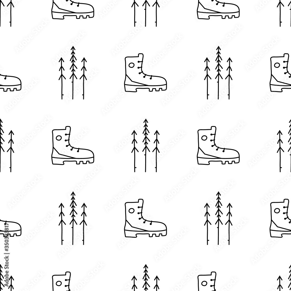 Vintage Hand drawn camping seamless pattern with retro camp boots and ...