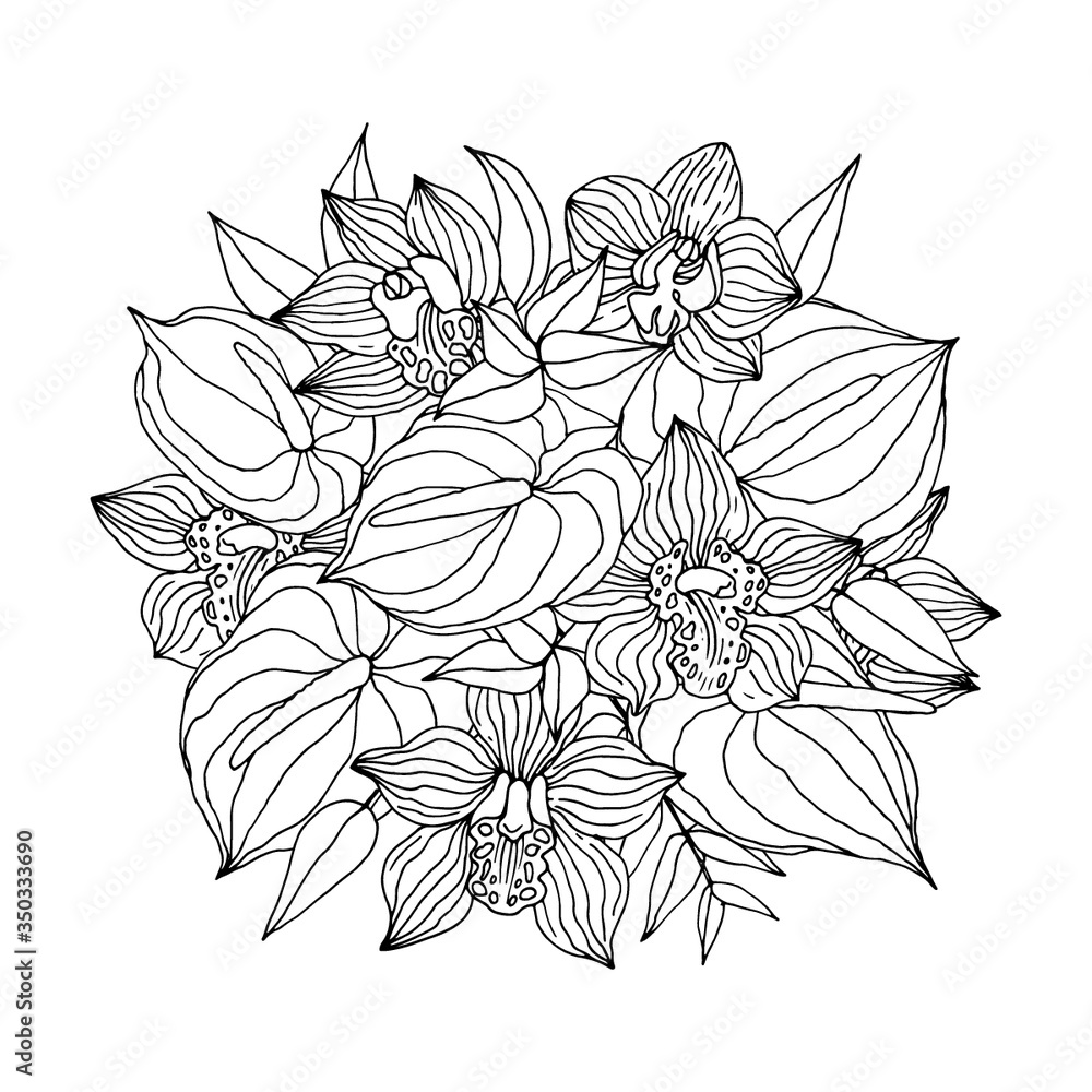 Flower bouquet. Exotic floral coloring page. Vector coloring page ...