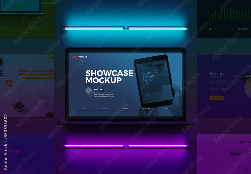 Laptop Presentation Showcase with Neon Lights Mockup Stock Template ...