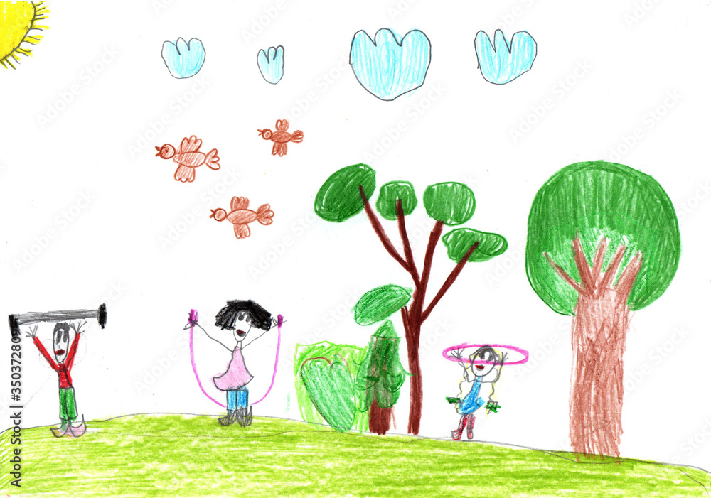 Child drawing of a happy Sports Family with kids,having fun outdoor ...