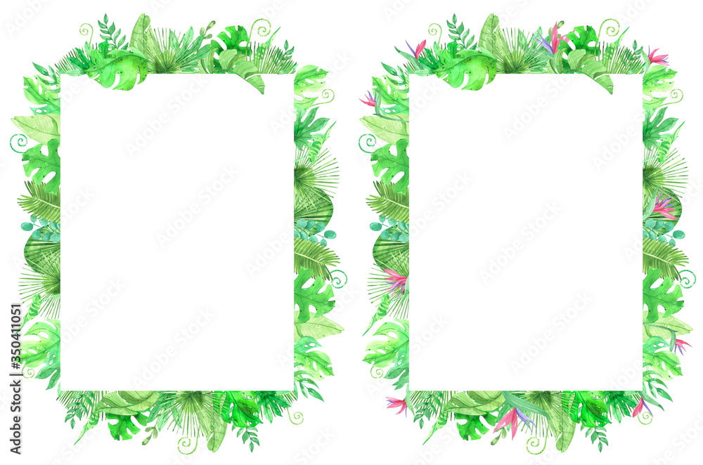 Colorful watercolor frame border with colorful tropical leaves Stock ...