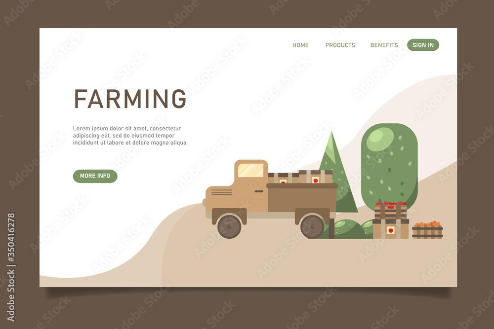 Farming website template: trees and tractor. Brown color. Stock ...