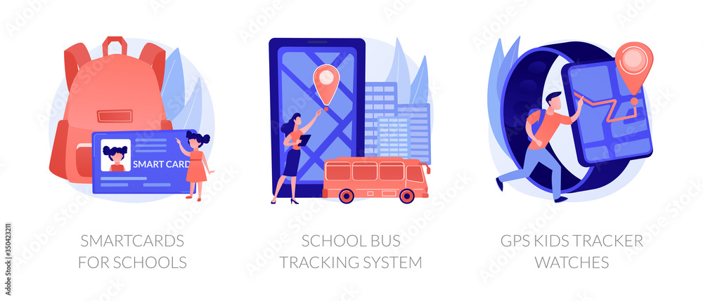 Children safety technologies. Smartwatch with geolocation. Smartcards ...