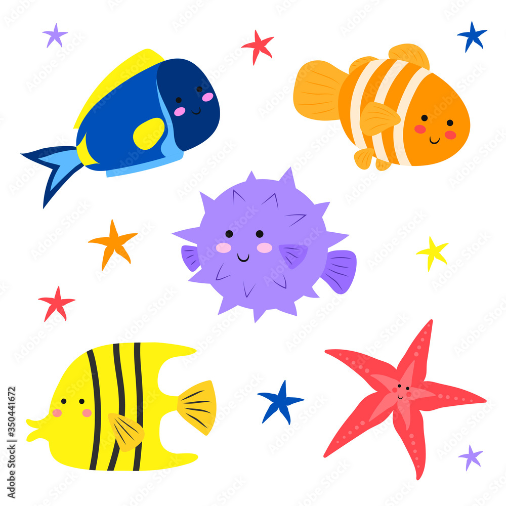 Set of cute cartoon sea fish. Clown fish, puffer, starfish ...