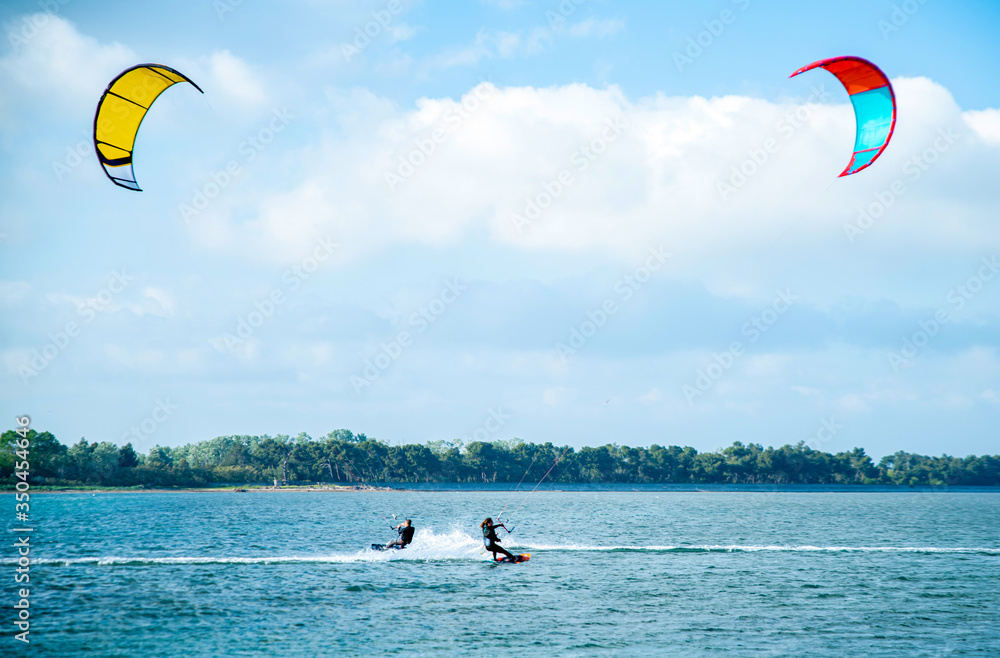 kite on the beach, active water sports, kitesurfing at sea in the ...