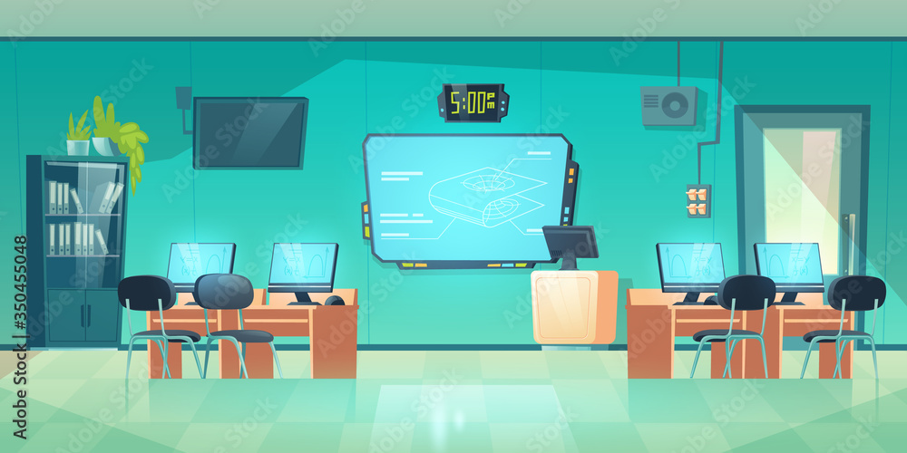 Computer class, empty interior of school, university or college, modern ...