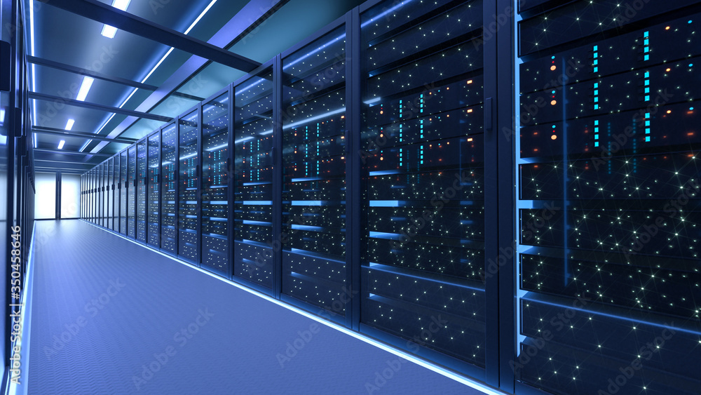 Working Data Center Full of Rack Servers and Supercomputers, Modern ...