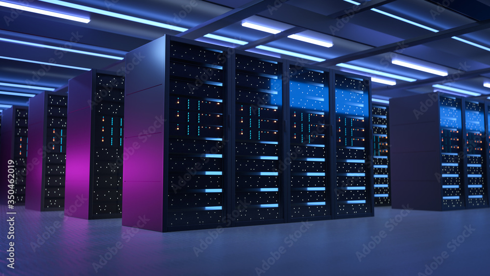 Working Data Center Full of Rack Servers and Supercomputers, Modern ...