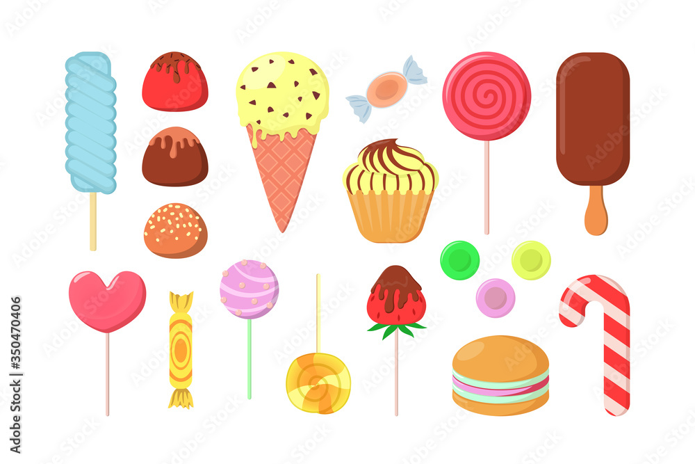Cartoon sweets flat icon set. Delicious lollipop, biscuit, candy, ice ...