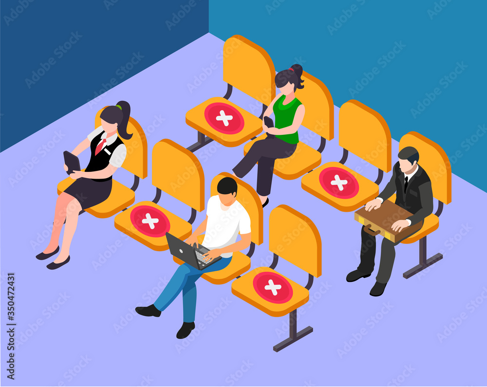 Social distancing at waiting area. People are sitting on chair with ...